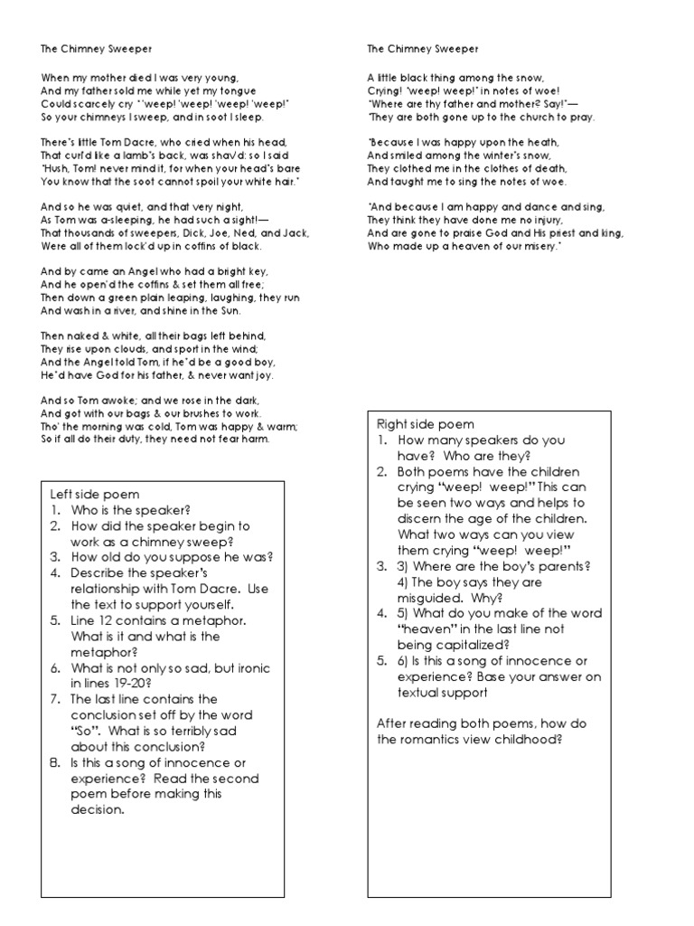 The Chimney Sweeper Poems Merged | PDF | William Blake