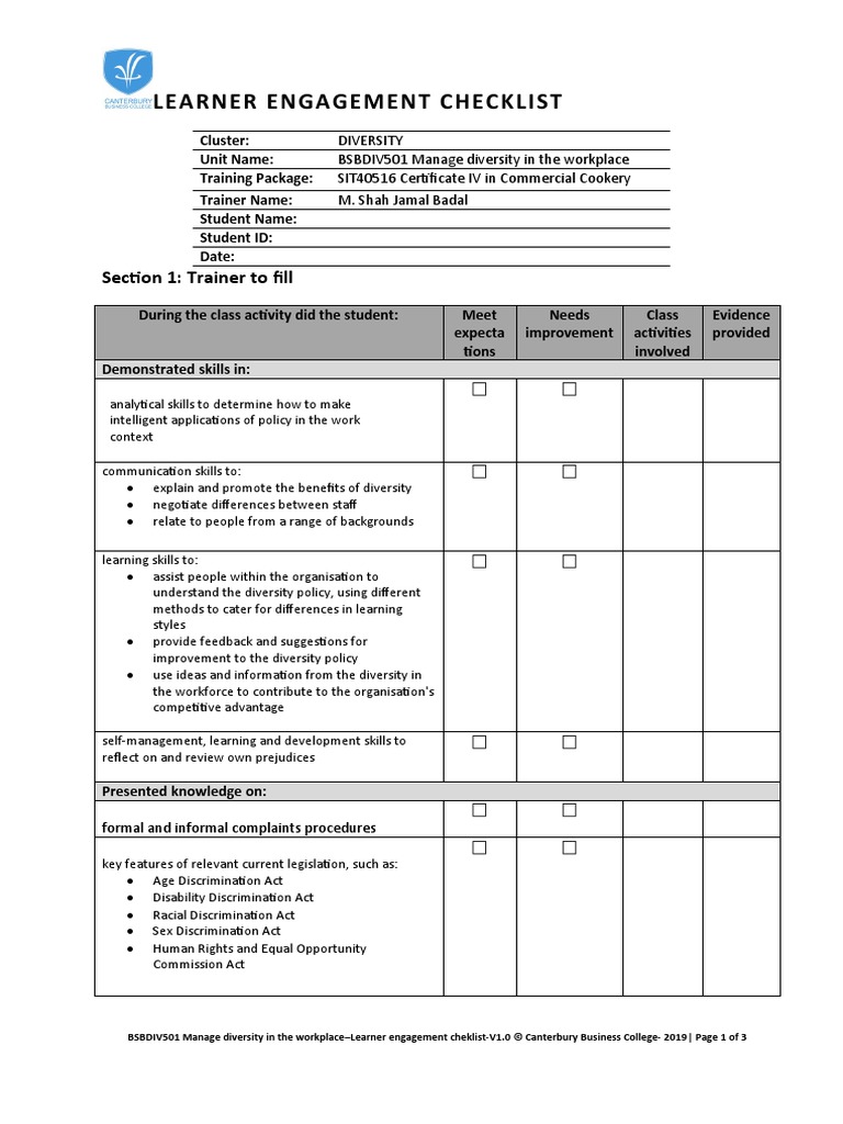 Learner Engagement Checklist V1.0-BSBDIV501 | PDF | Learning ...