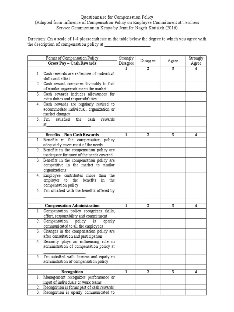 Questionnaire For Compensation Policy | PDF | Employment | Performance ...