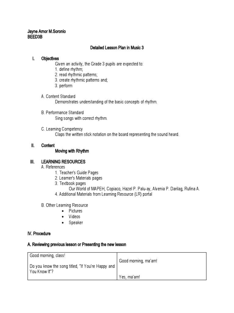Detailed Lesson Plan in Music 3 | PDF | Rhythm | Lesson Plan