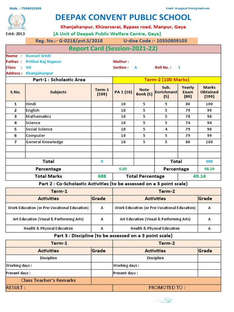 Deepak Convent Public School: Report Card (Session-2021-22) | PDF ...
