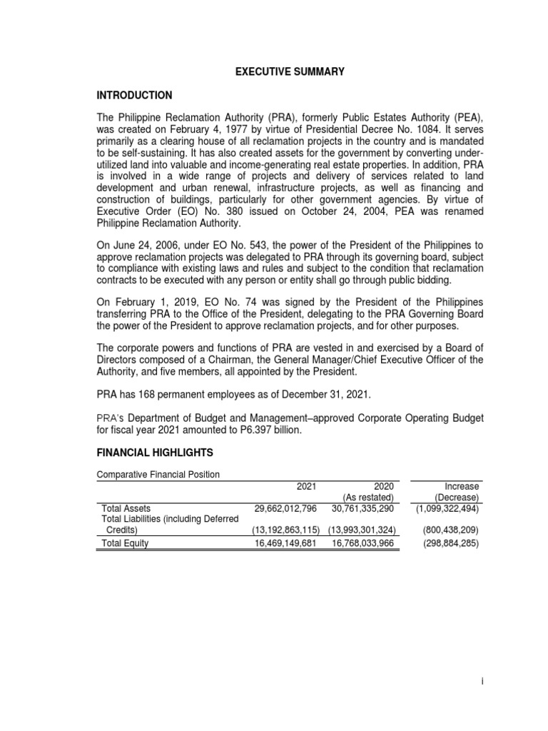 Philippine Reclamation Authority Executive Summary 2021 | PDF | Financial Statement | Valuation ...