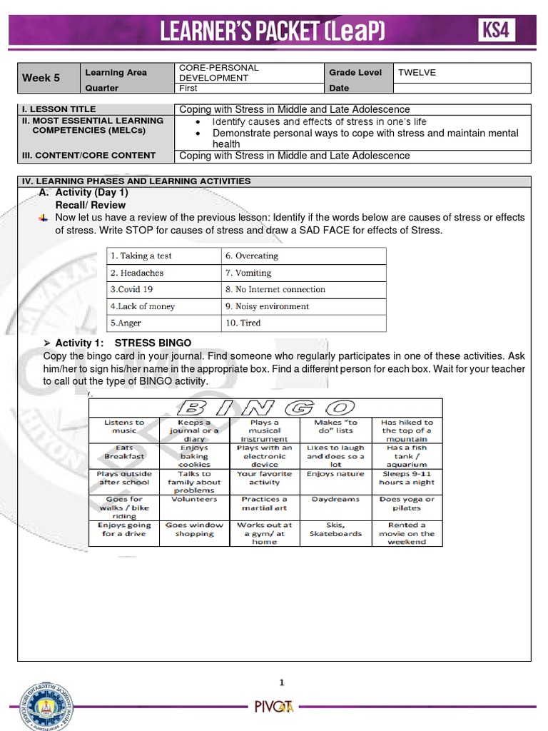 PERDEV LEAP Week 6 1st Quarter | PDF | Stress (Biology) | Emotions