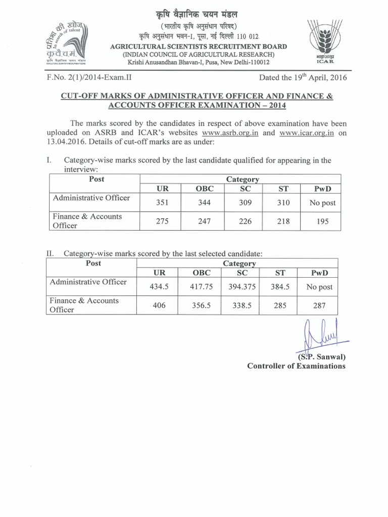 Cut Off Marks of Ao and Fao Exam 2014 | PDF