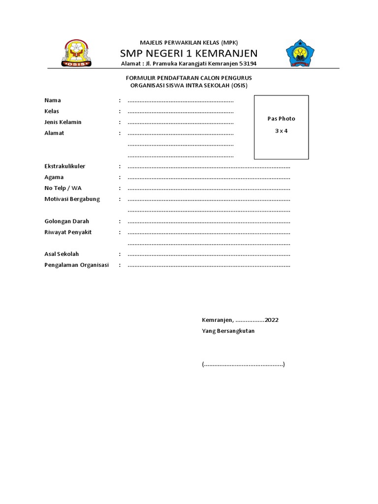 Formulir Pendaftaran Pengurus OSIS | PDF