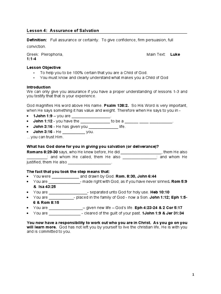 Lesson 4 ASSURANCE OF SALVATION | PDF | Assurance (Theology) | Salvation