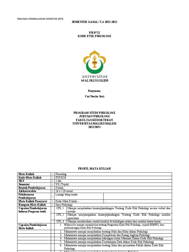 RPS MK Kode Etik Psikologi Gasal 2022-2023. | PDF | Karier & Perkembangan | Seni