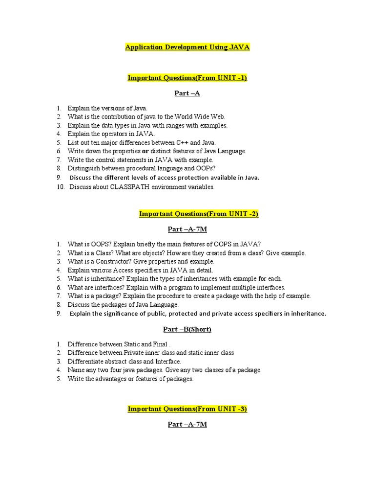 Java Unit Wise Imp Questions Pdf Class Computer Programming Java Programming Language