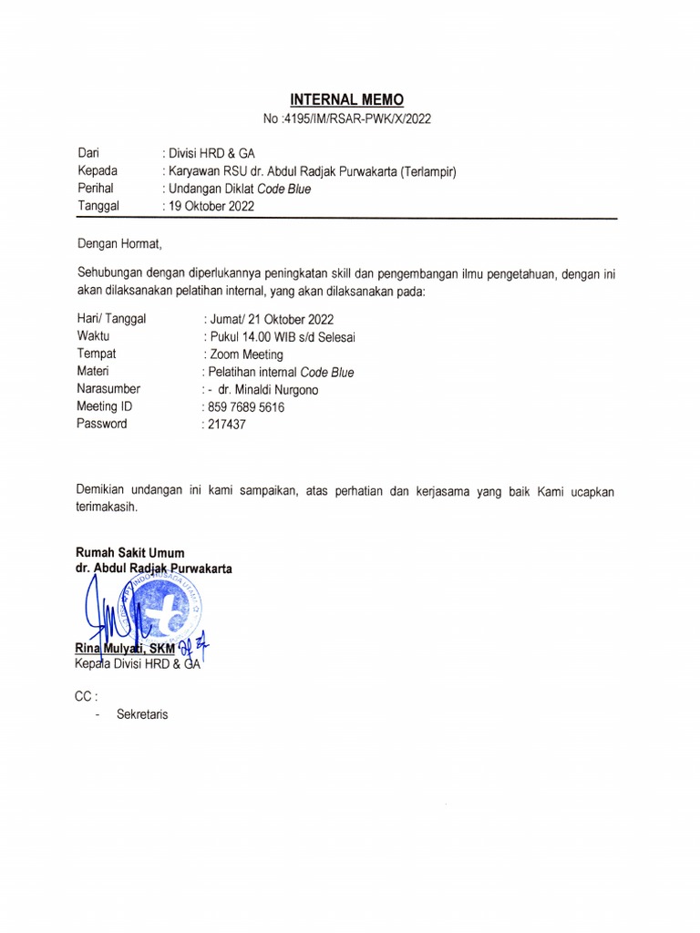 Undangan Diklat Code Blue Online | PDF