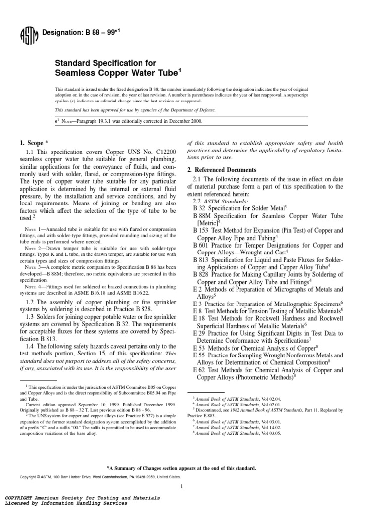 Astm B88 (1999) | Download Free PDF | Pipe (Fluid Conveyance) | Soldering