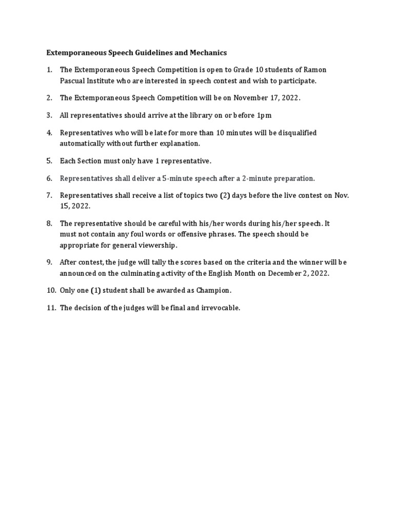 Grade 10 Extemporaneous Speech Rules | PDF