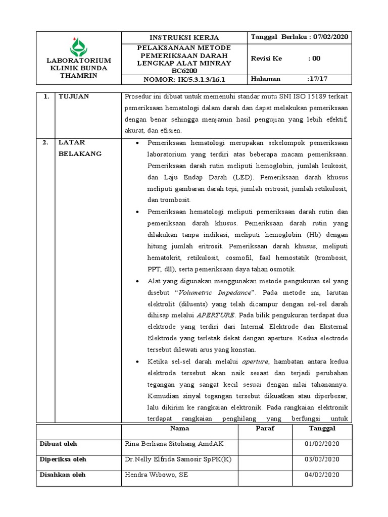 Prosedur Pemeriksaan Darah BC6200 | PDF