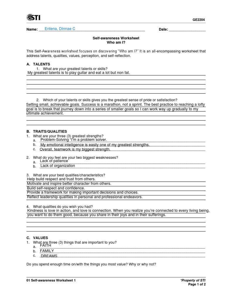 01 Self-Awareness Worksheet 1 | PDF | Self Awareness | Leadership