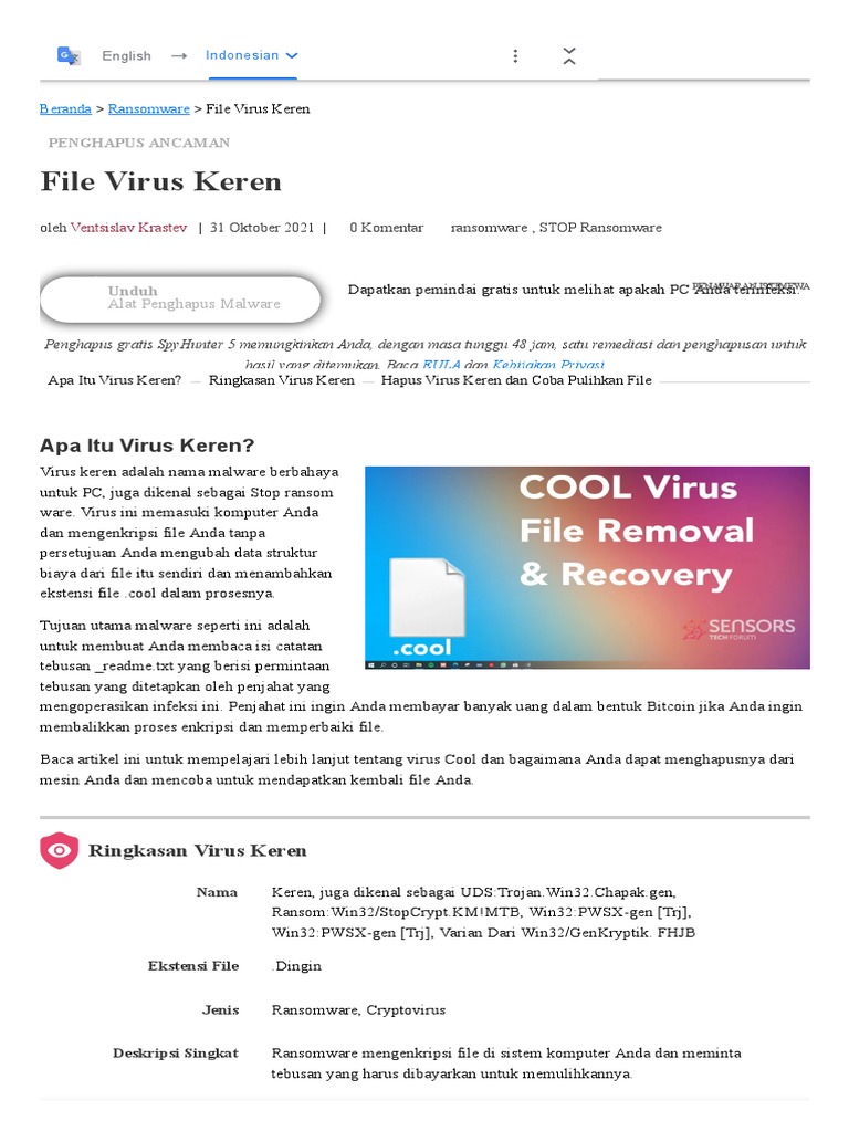 Panduan Penghapusan & Dekripsi Virus Keren (.Cool File) | PDF