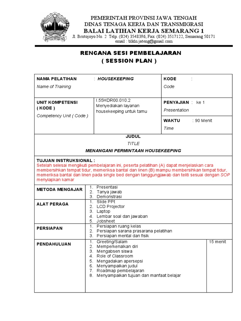 Session Plan MENANGANI PERMINTAAN HOUSEKEEPING Kurang Soal | PDF
