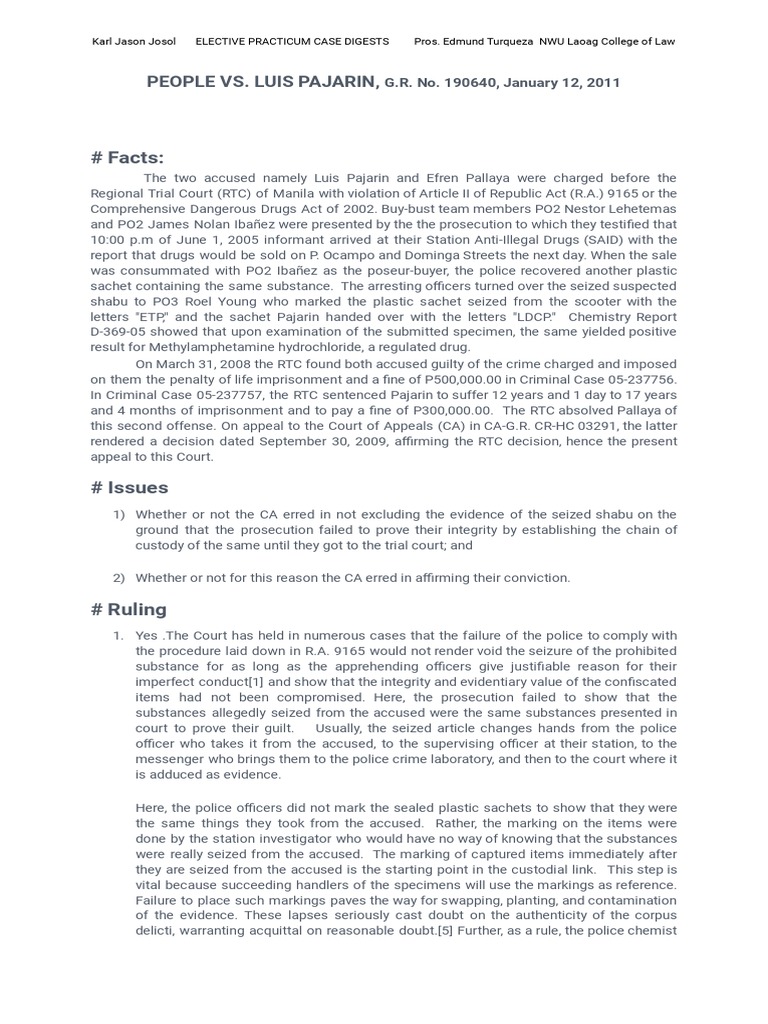 Elective Practicum IV Case Digests | PDF | Burden Of Proof (Law) | Presumption Of Innocence