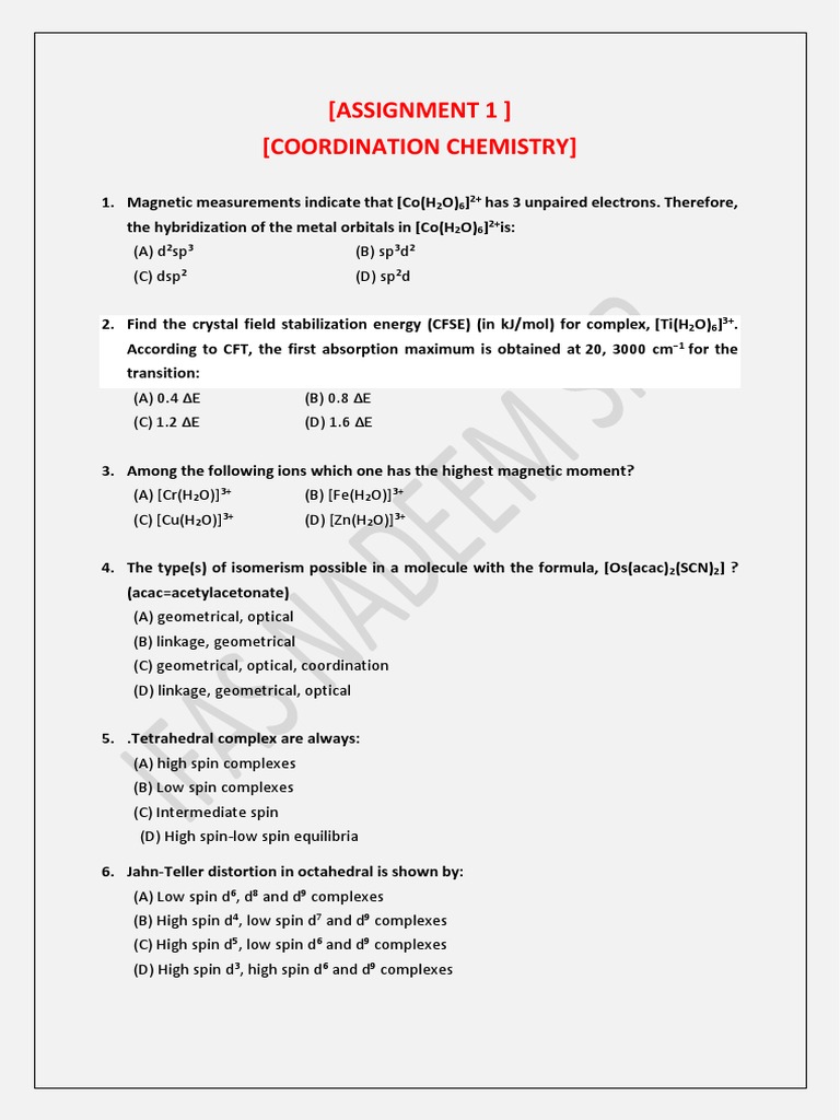 Class Test Coordination | PDF | Coordination Complex | Chemical Elements