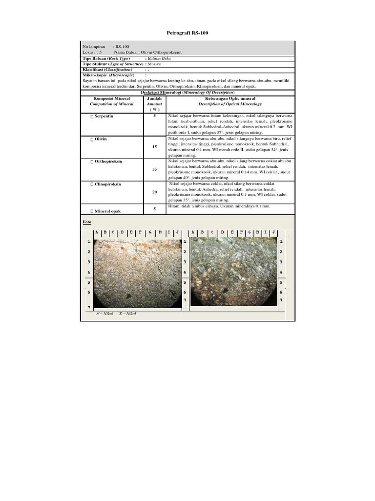 Petrografi RS-100: Compotition of Mineral Amount Description of Optical Mineralogy | PDF