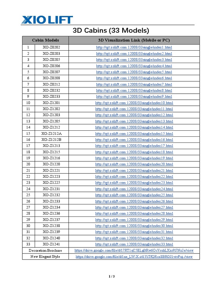 XIOLIFT 3D Cabins (33 Models) | PDF