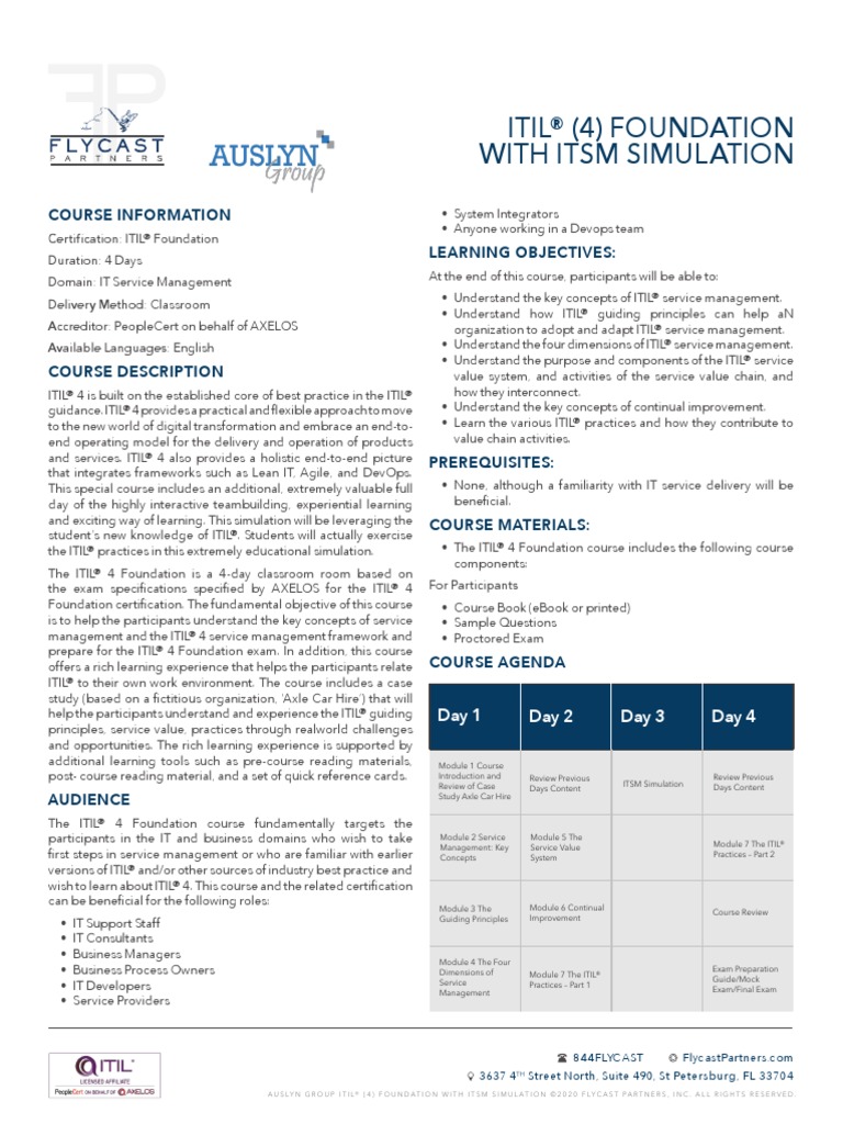 FP20 Auslyn Group ITIL-4 4-Day Classroom W ITSM Simulation | Download ...