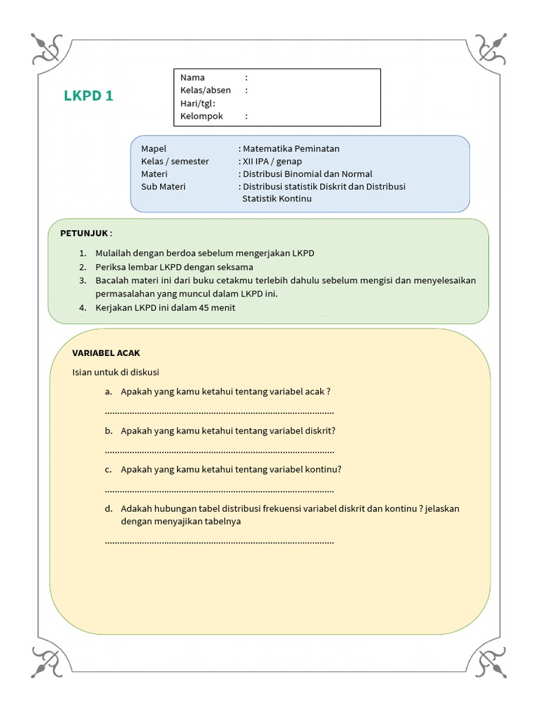 Lembar Latihan - Variabel Acak, Karakteristik Distribusi Normal | PDF ...