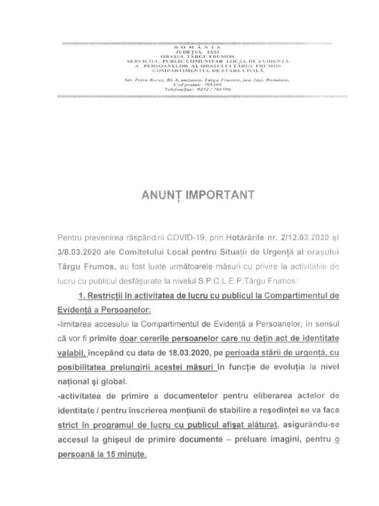 Anunt Important Activitate Spclep Targu Frumos | PDF