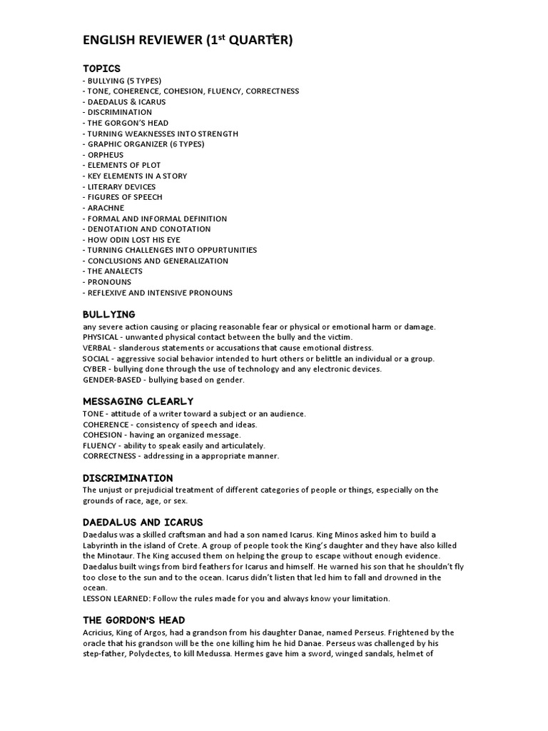 English G10 Reviewer Q1 | PDF | Narration | Bullying