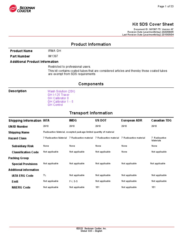 Kit SDS Cover Sheet: Product Name Part Number Additional Product ...