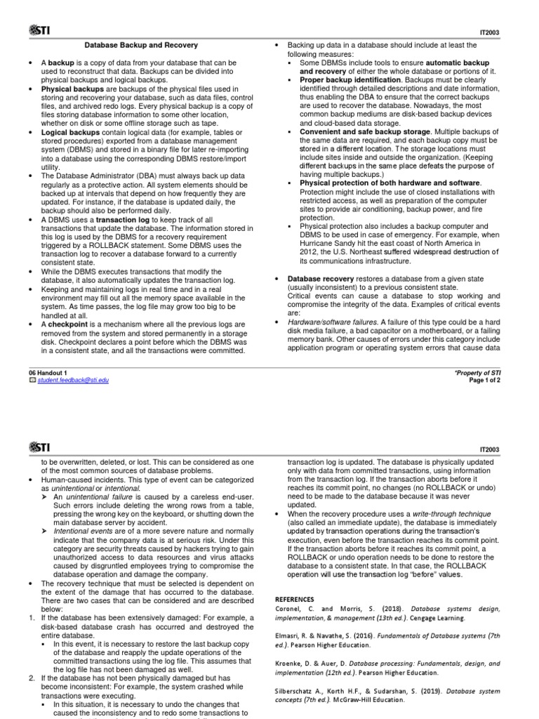 06 Handout 1 (Pre-Finals) | PDF | Backup | Databases
