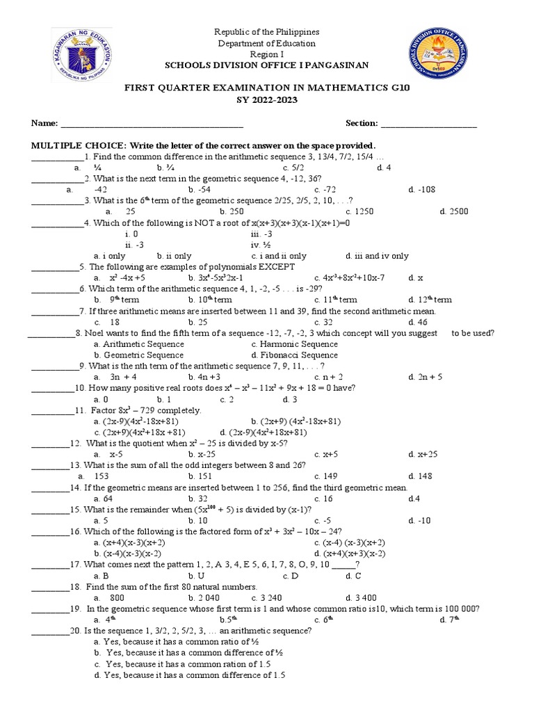 Mathematics 10 | PDF | Sequence | Polynomial