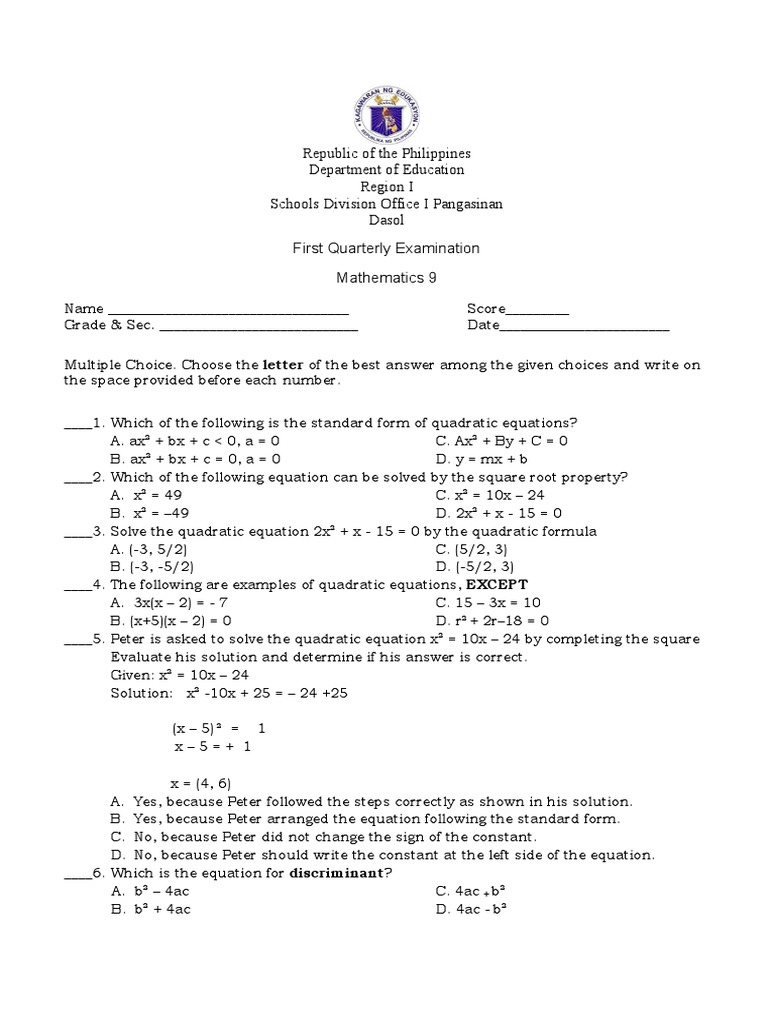 Mathematics 9 | PDF | Quadratic Equation | Mathematics