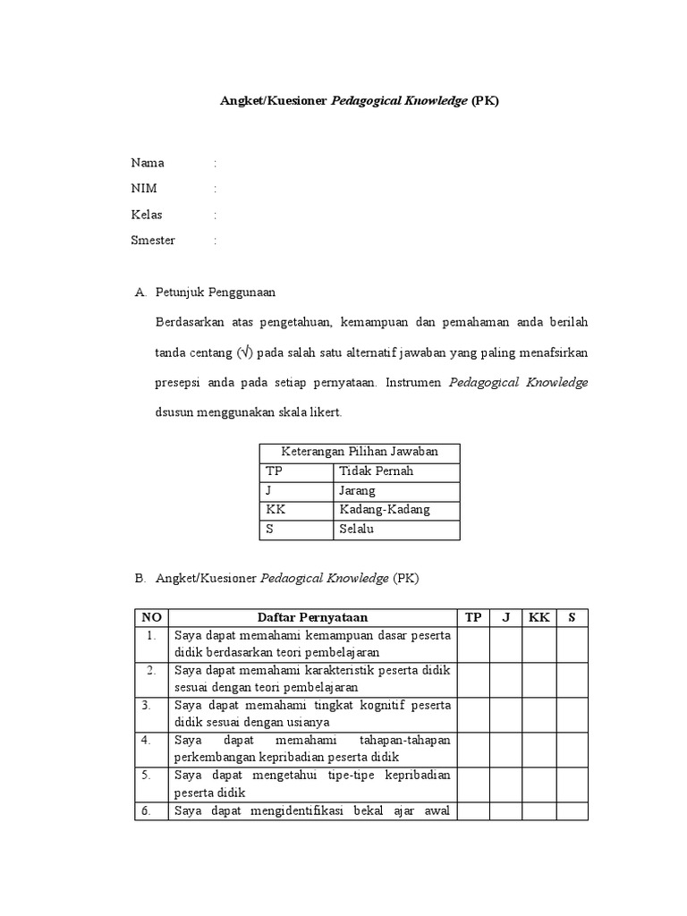 Angket Pedagogical Knowledge PK1 | PDF | Karier & Perkembangan