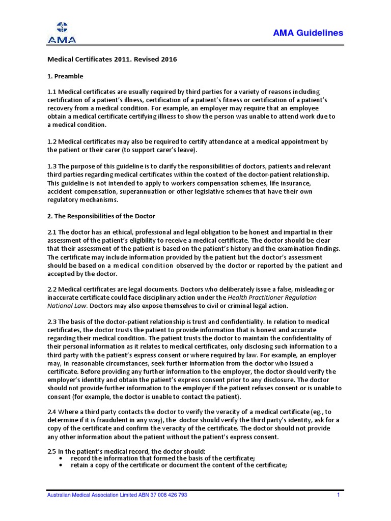 AMA Guidelines On Medical Certificates 2011. Revised 2016 0 | PDF ...