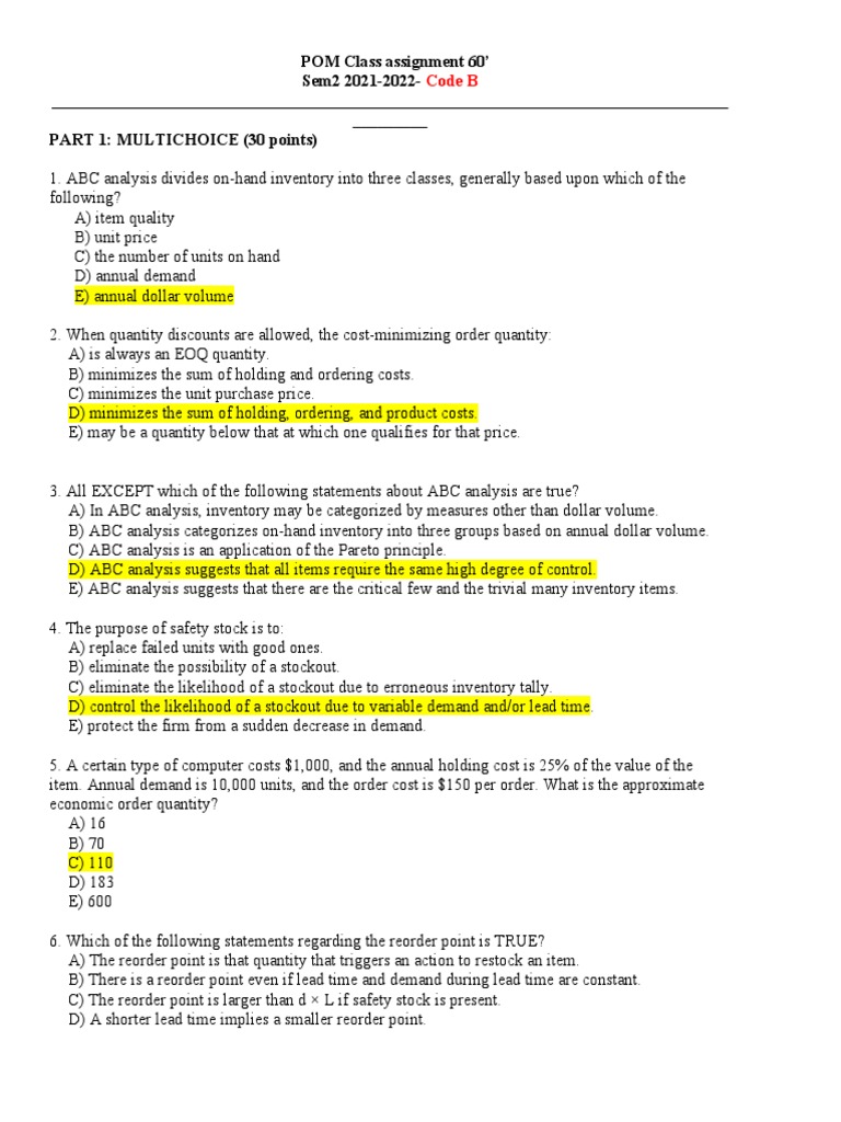 Assessment - Production Operation Management Sem2 (2021-2022 | PDF | Inventory | Business