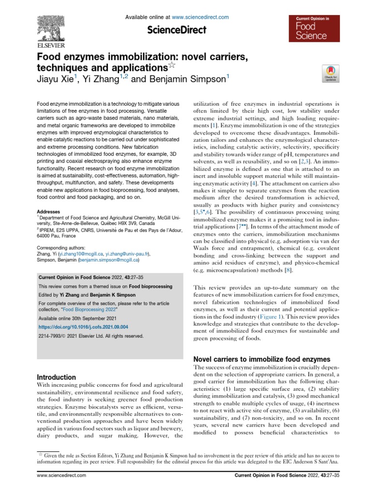 Food Enzymes Immobilization: Novel Carriers, Techniques and ... Food Enzymes Immobilization: Novel Carriers, Techniques and ...