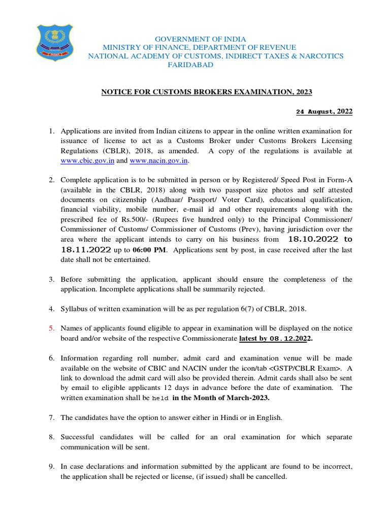 Customs Broker Exam Notice 2023 | PDF | Government | Government And ...