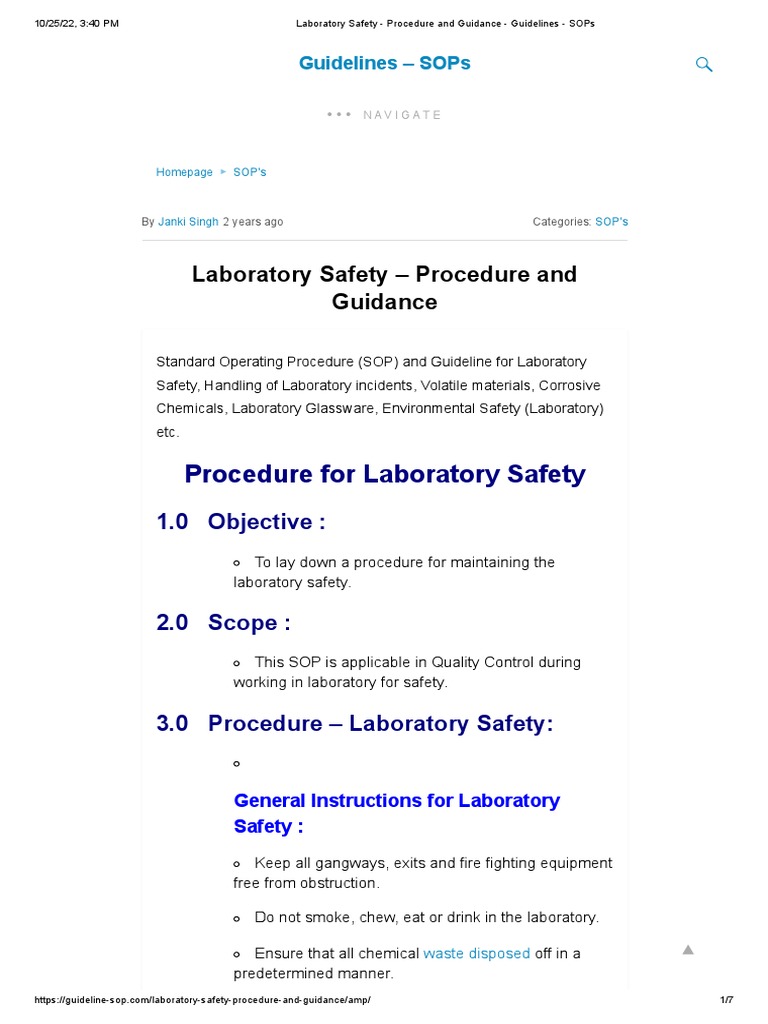 Laboratory Safety - Procedure and Guidance - Guidelines - SOPs | PDF ...