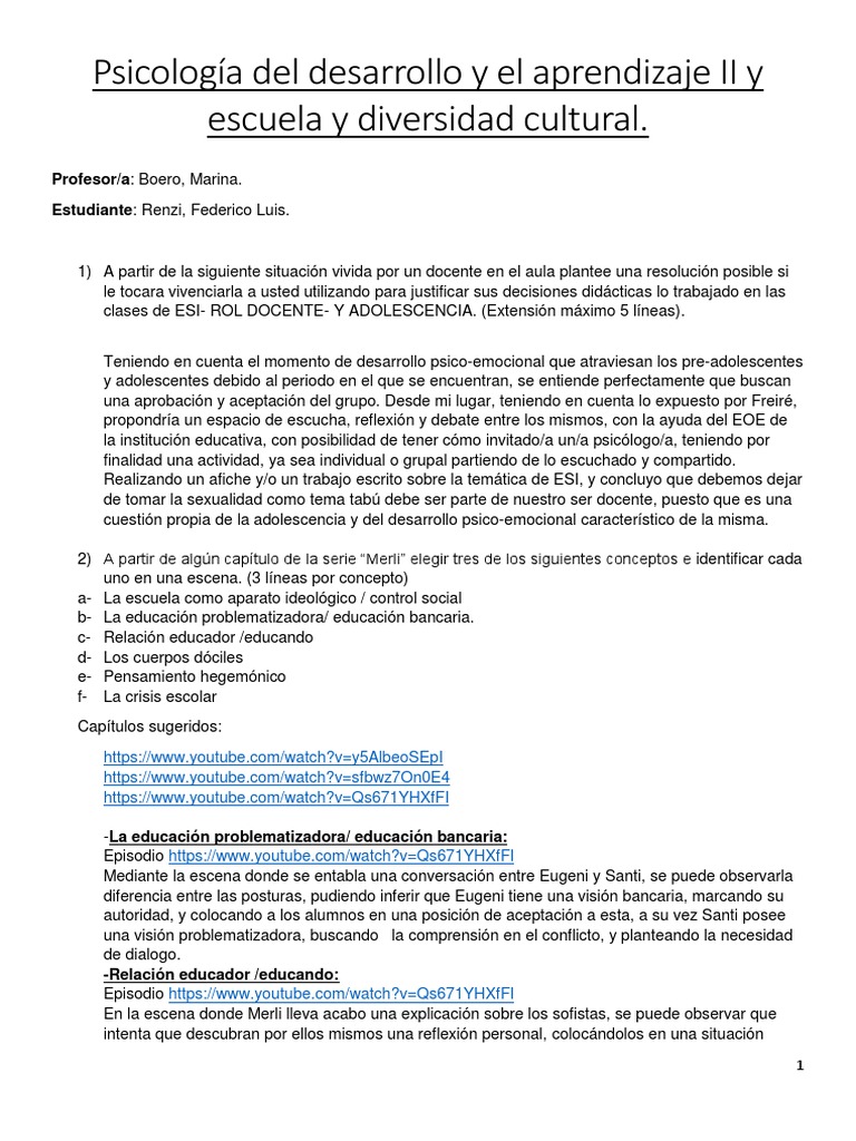 Psicología Del Desarrollo y El Aprendizaje II Escuela y Diversidad Cultural | PDF | Cognición ...