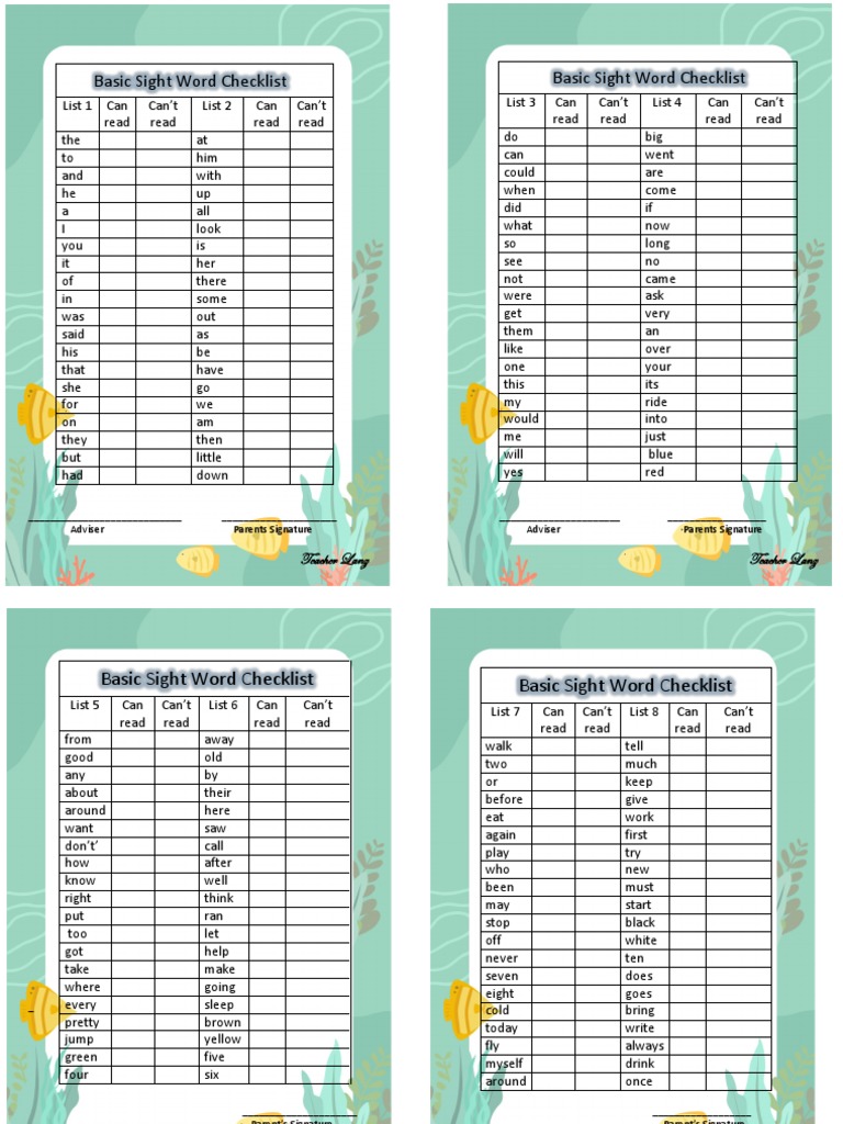 Basic Sight Word Checklist for Grade 3 | PDF