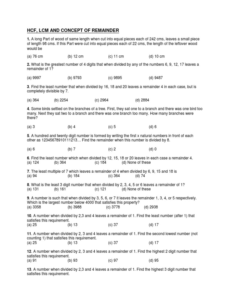 LCM, HCF, Remainder | PDF | Numbers | Abstract Algebra