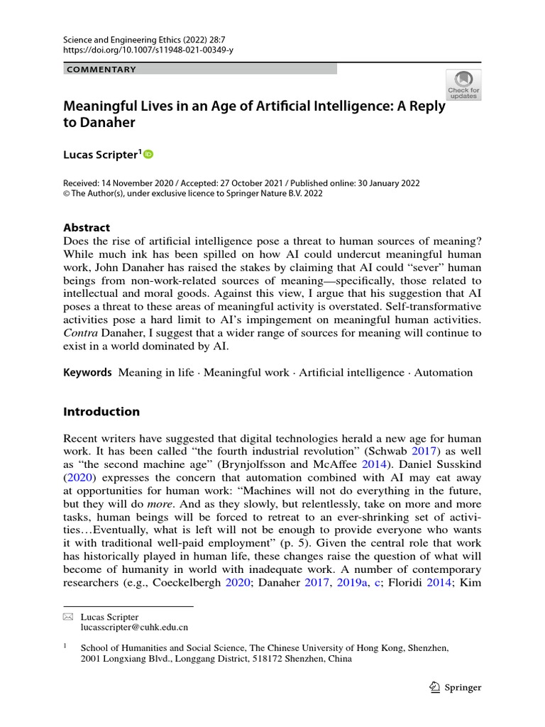 Meaningful Lives in An Age of Artificial Intelligence: A Reply To Danaher | PDF | Artificial ...
