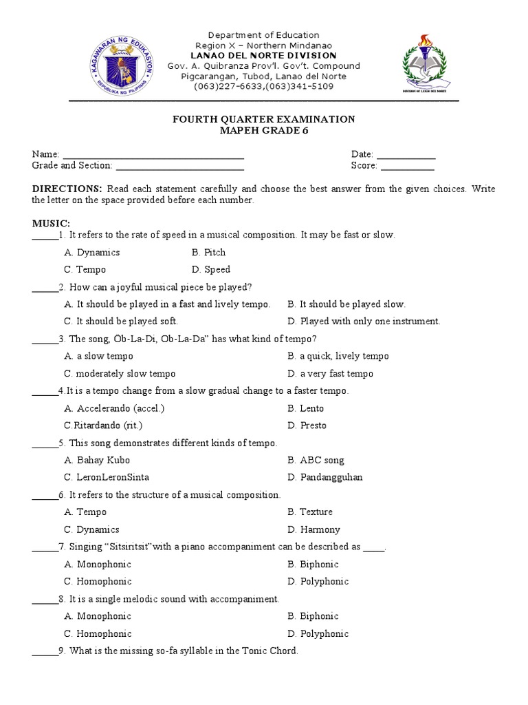 Mapeh Grade 6 4th Q Pdf Tempo Chord Music