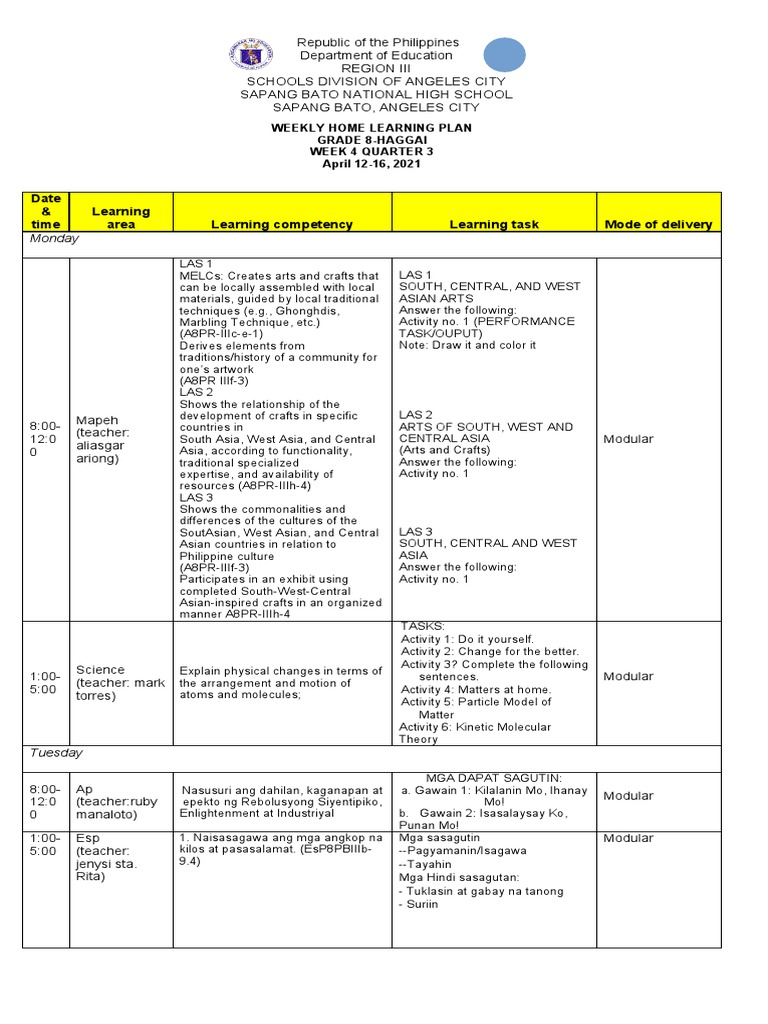 8 RUTH Q3 W4 Weekly Home Learning PLAN | PDF