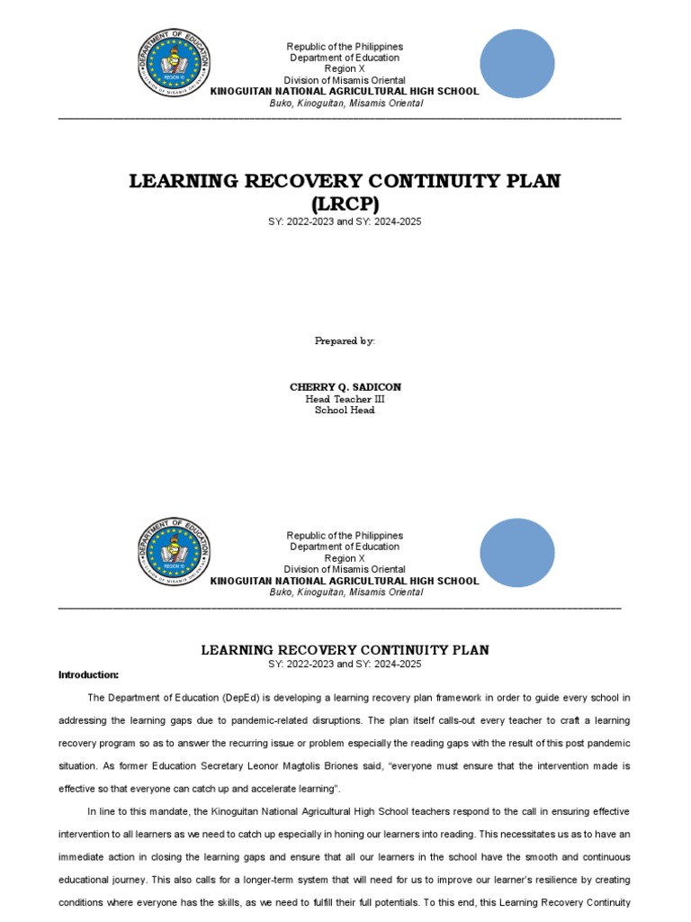 Learning Recovery Plan for SY 2022-2025 | PDF | Learning | Literacy