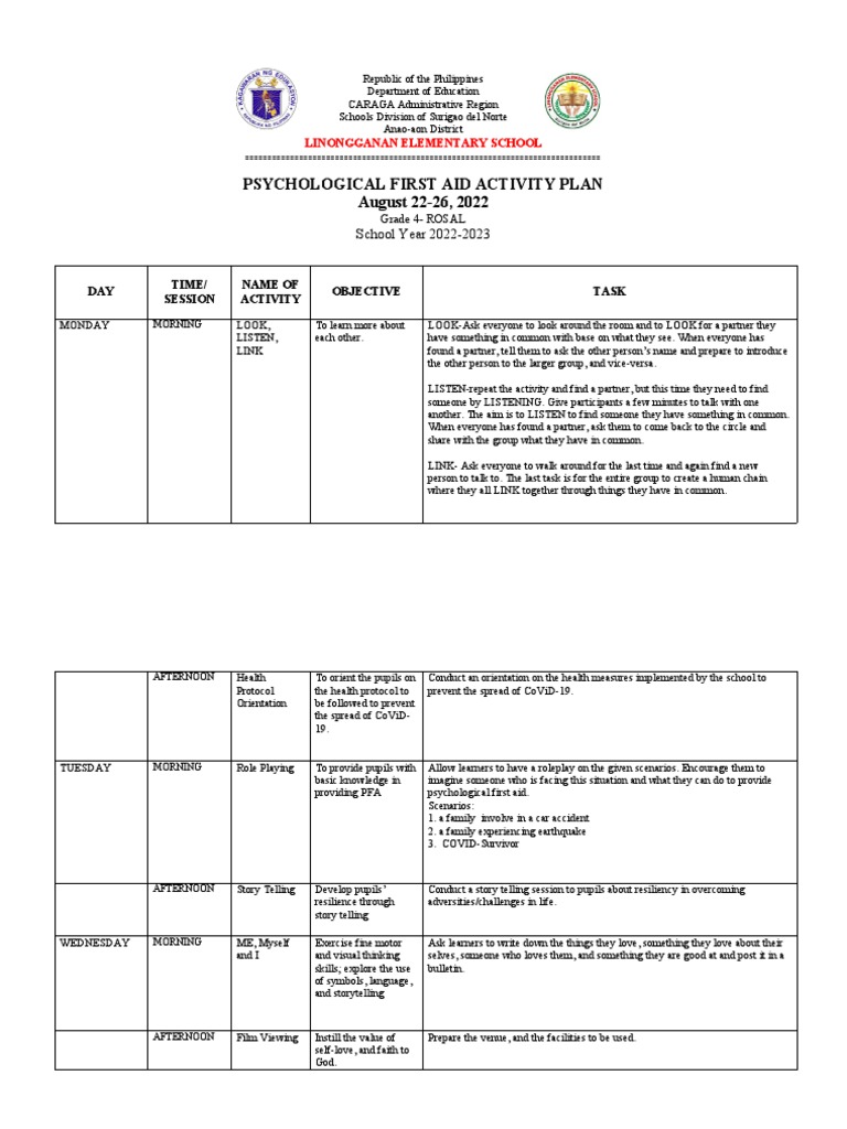 Psychological First Aid Activity Plan | Download Free PDF ...