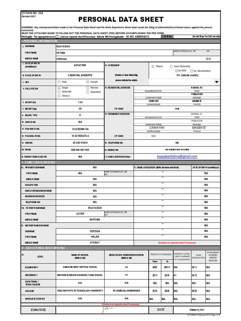 CS Form No. 212 Personal Data Sheet Revised - BUAYABAN | PDF