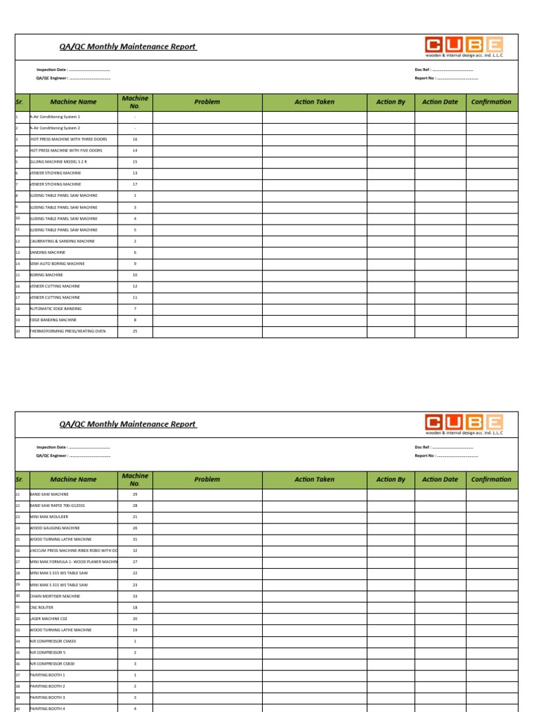 Monthly QA/QC Maintenance Report | PDF | Equipment | Wood