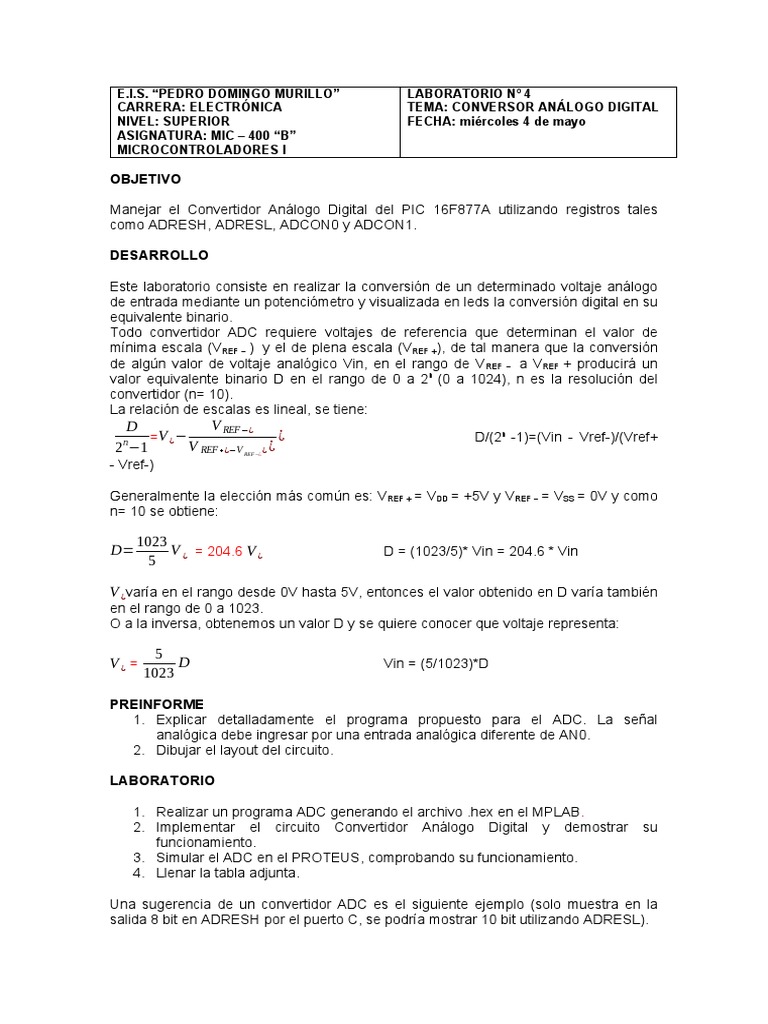 Guia de Lab. 4 Convertidor Análogo Digital - ADC | PDF | Ingeniería en telecomunicaciones ...
