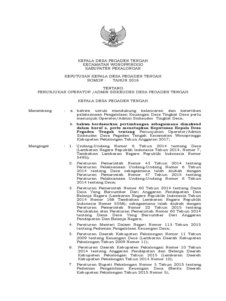 Contoh SK Operator Siskeudes | PDF