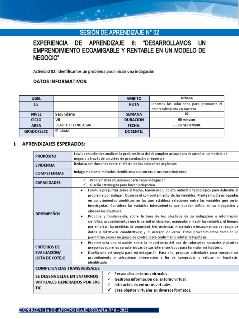 5°sesion 2 Cyt Urbano Eda 6 | PDF | Maestros | Aprendizaje
